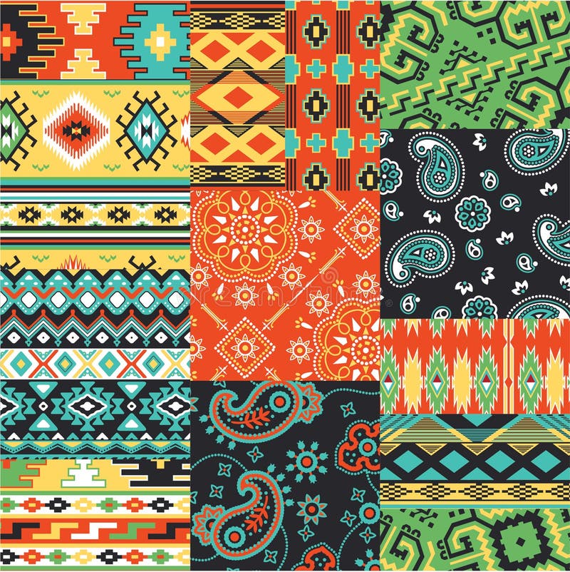 Bandanna and Native Motifs Kerchief Fabric Patchwork Stock Vector ...