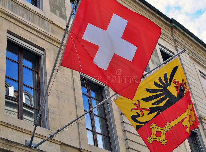 Banderas de Ginebra, Suiza imagen de archivo. Imagen de ciudad - 60578531