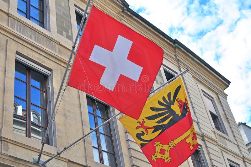 Banderas de Ginebra, Suiza imagen de archivo. Imagen de ciudad - 60578531
