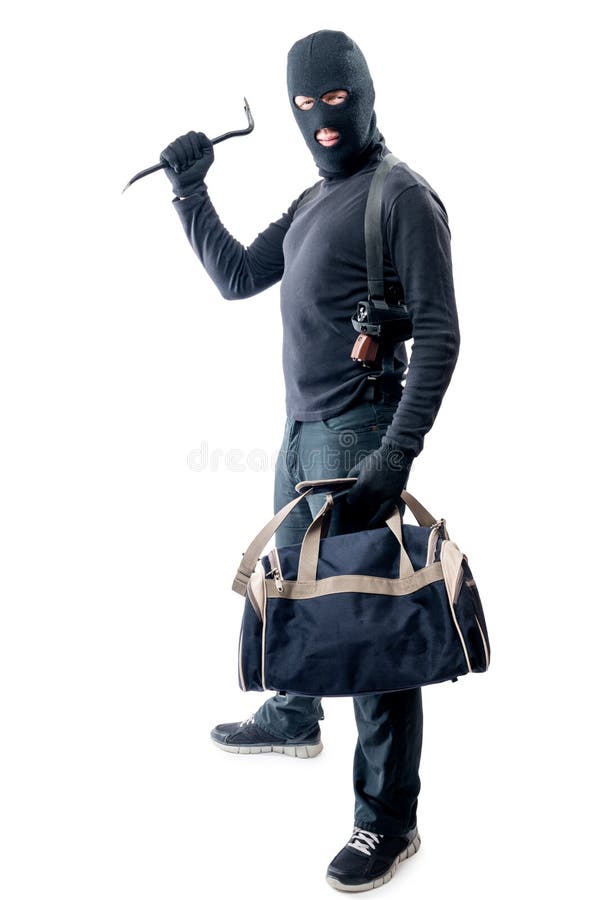 Bandit with Crowbar and Big Bag for Loot on White Stock Photo - Image ...