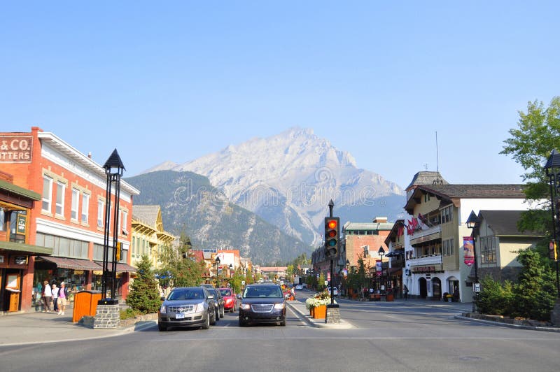 Banff Avenue Shopping Town Under Cascade Mountain Editorial Stock Photo ...