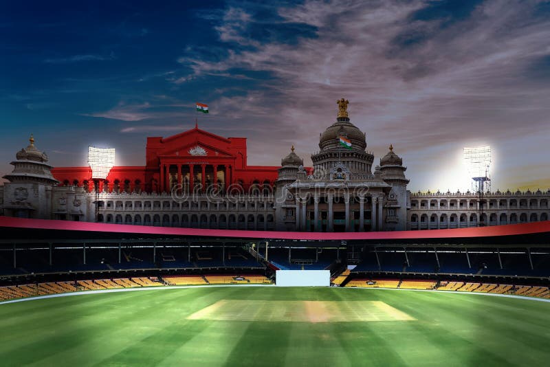 Bangalore View Cricket Field General Side View and Stadium Lights on ...