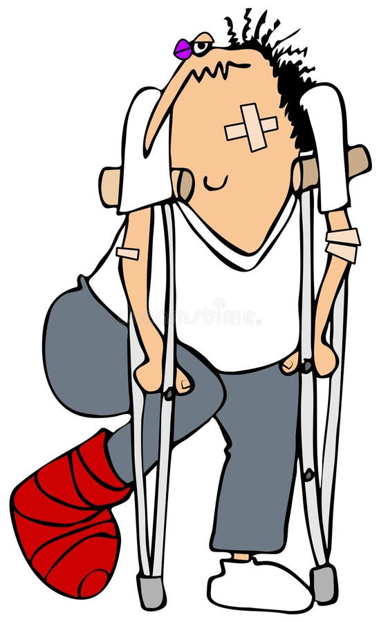 Banged up man on crutches stock illustration. Illustration of bandage ...
