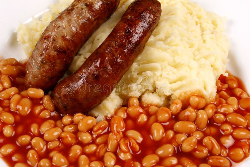 Sausages, Mash & Baked Beans Stock Photo - Image of sausage, tomato ...