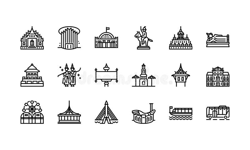 Bangkok Symbols and Landmarks Icons Stock Vector - Illustration of hall ...