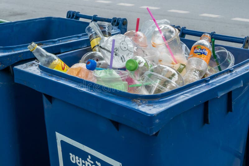 Blue Trash Bin Full of Garbage Plastic Waste Trash. Trash Plastic ...