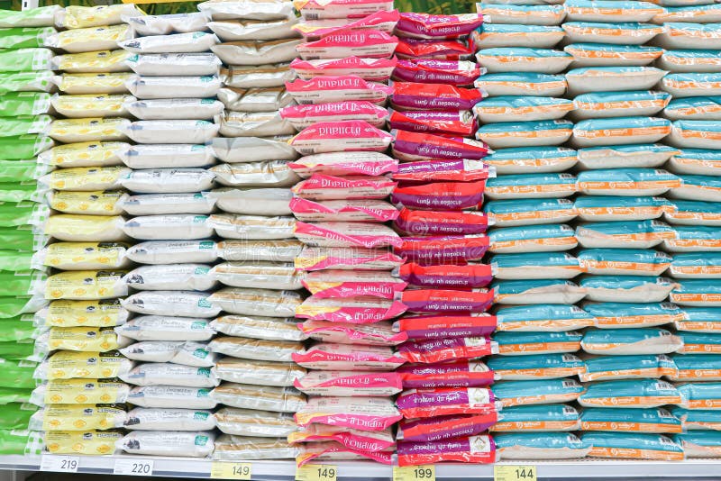 BANGKOK, THAILAND-stack of Many Kinds of White Rice in Plastic Packets ...