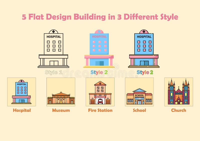 5 Flat Design Building in 3 Different Style Stock Vector - Illustration ...