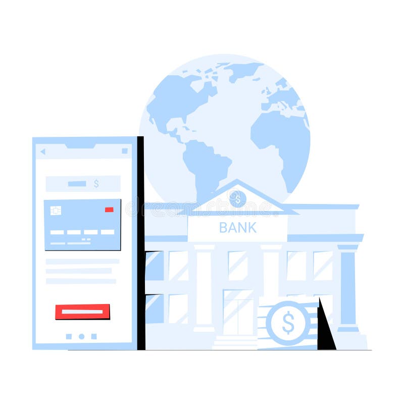 Bank Building with Online Banking Interface in Flat Vector Illustration ...