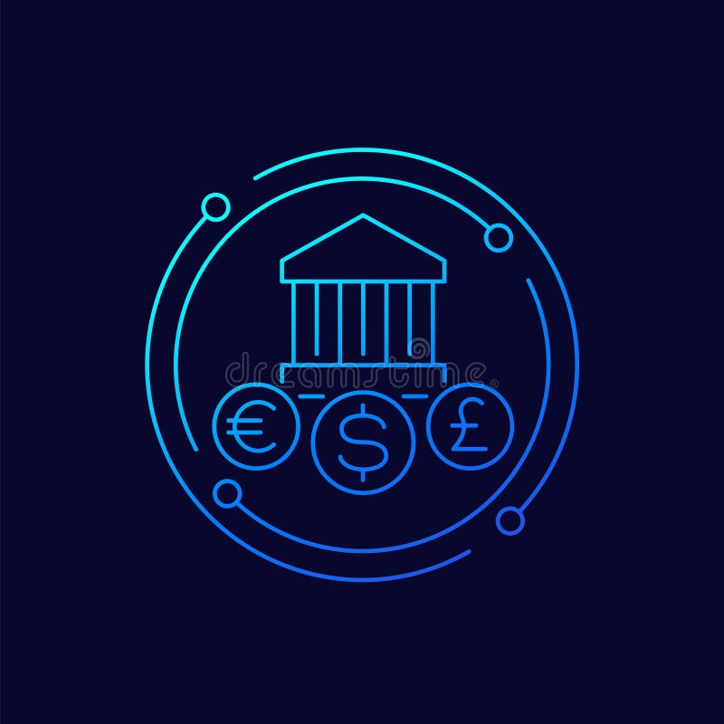 Bank Building Icon with Dollar, Euro and Pound Stock Vector ...