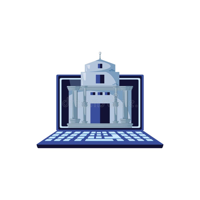 Computer with Bank Building Stock Vector - Illustration of column ...