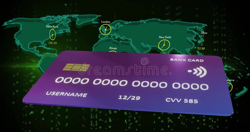 Bank Card Details Animation Over World Map with Highlighted Cities and ...