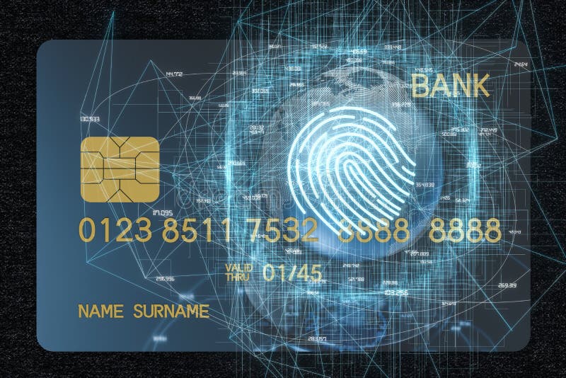 Bank Card with Fingerprint Tech Concept Glowing Lines, 3d Rendering ...