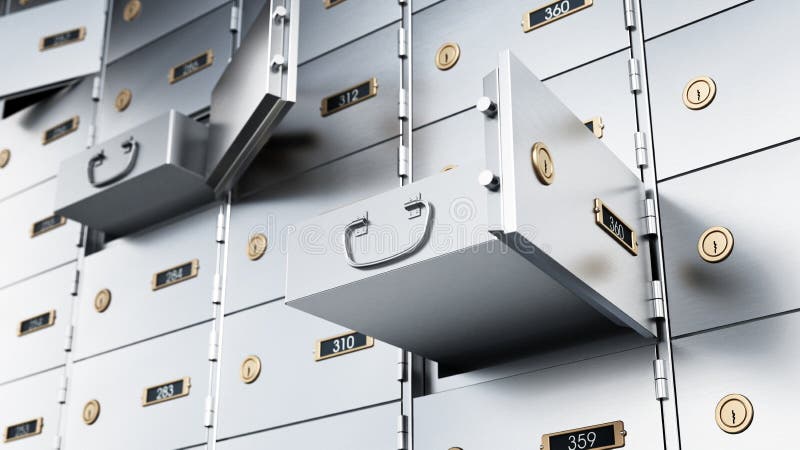 Bank Deposit Boxes with Some Open Drawers. 3D Illustration Stock ...
