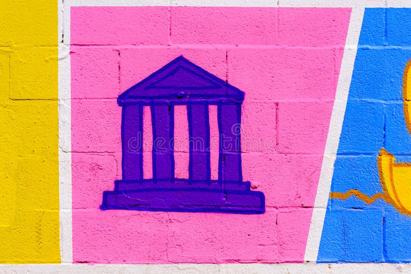 Bank Icon Painted in Purple on a Wall of Bright Colors Stock Image ...