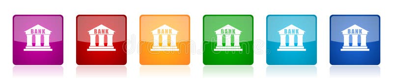 Bank Icon Set, Colorful Square Glossy Vector Illustrations in 6 Options ...