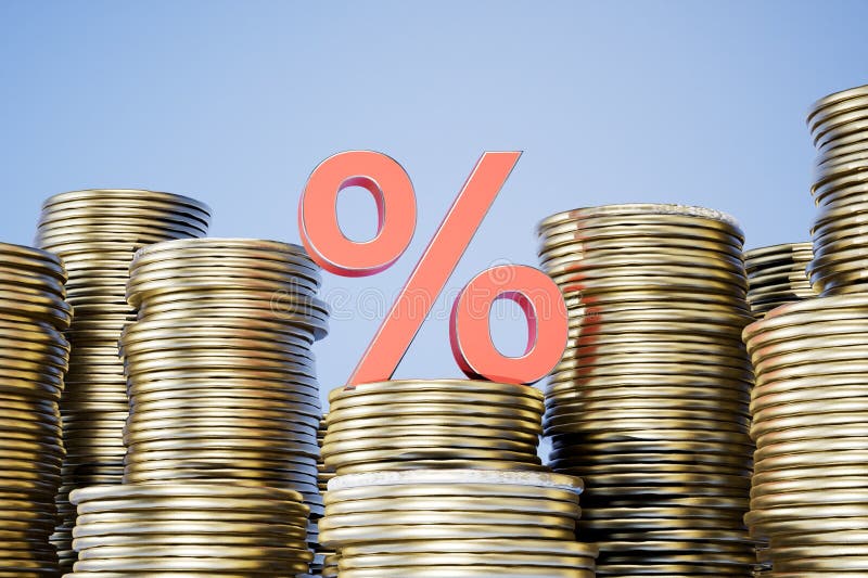 Bank Interest Rate. Interest Icon and Stacks of Dollar Coins on a Blue ...