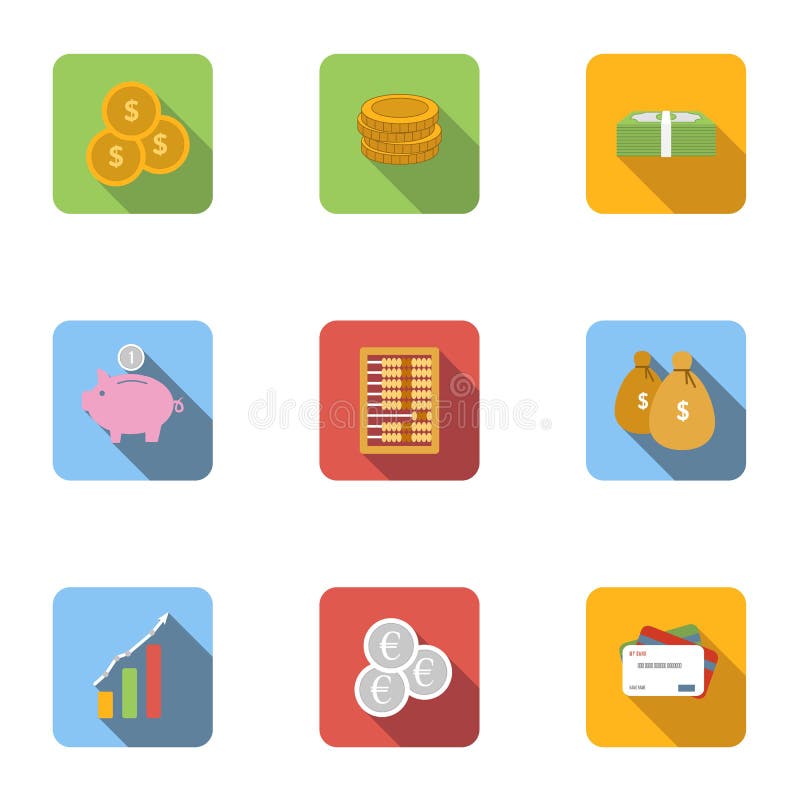 Bank and Money Icons Set, Flat Style Stock Vector - Illustration of ...