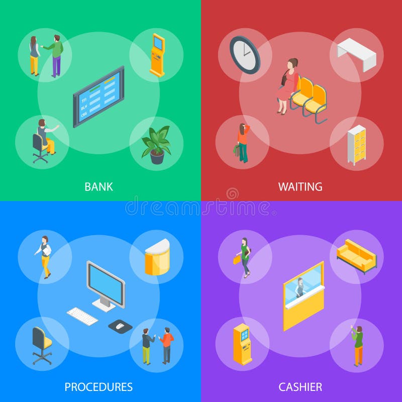 Bank Office Interior with Furniture and People Banner Card Circle ...