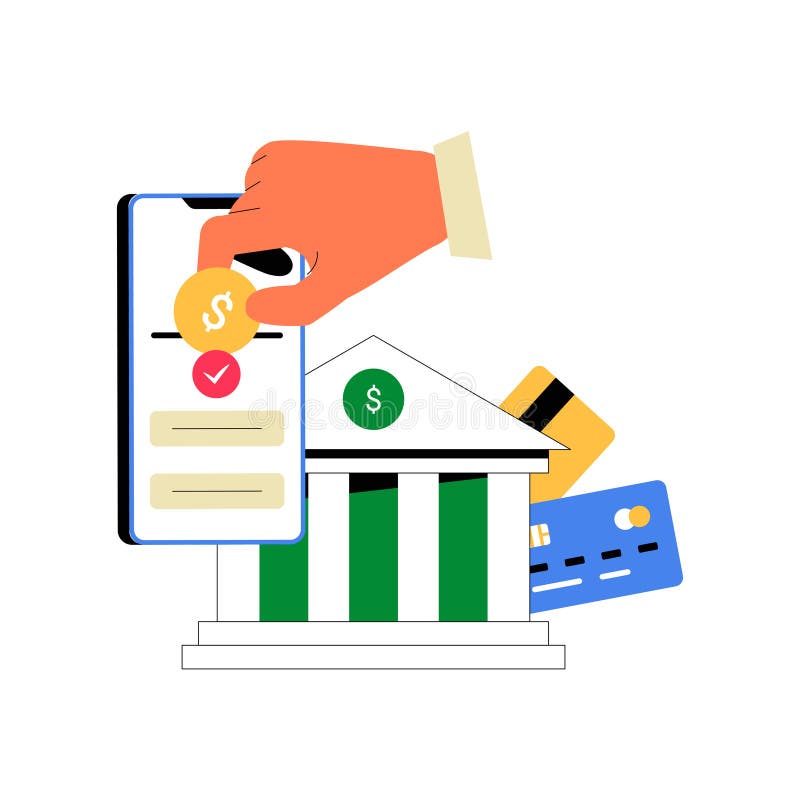 Bank Payment Process with Mobile App and Coins in Flat Vector ...