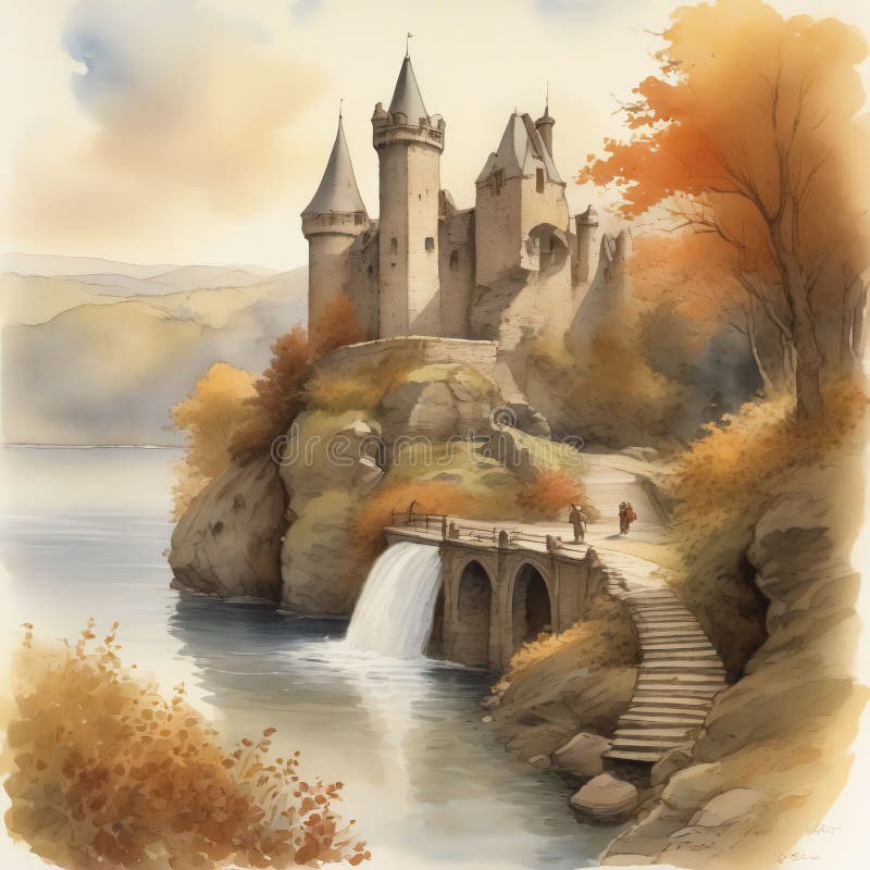 On the Bank of the River Stands an Ancient Castle Stock Illustration ...