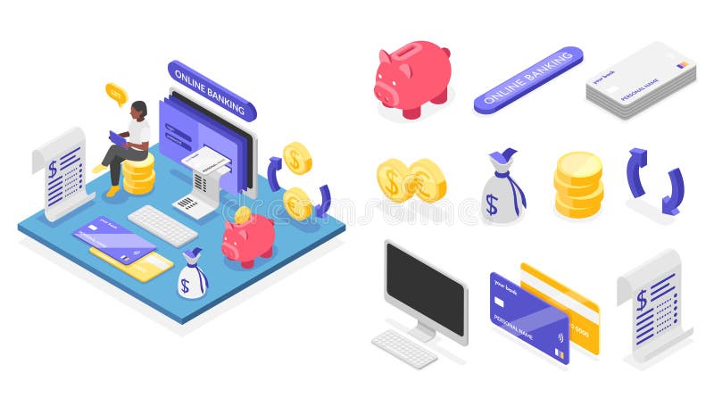 Bank Services Illustration and Icons in Isometric View Stock ...