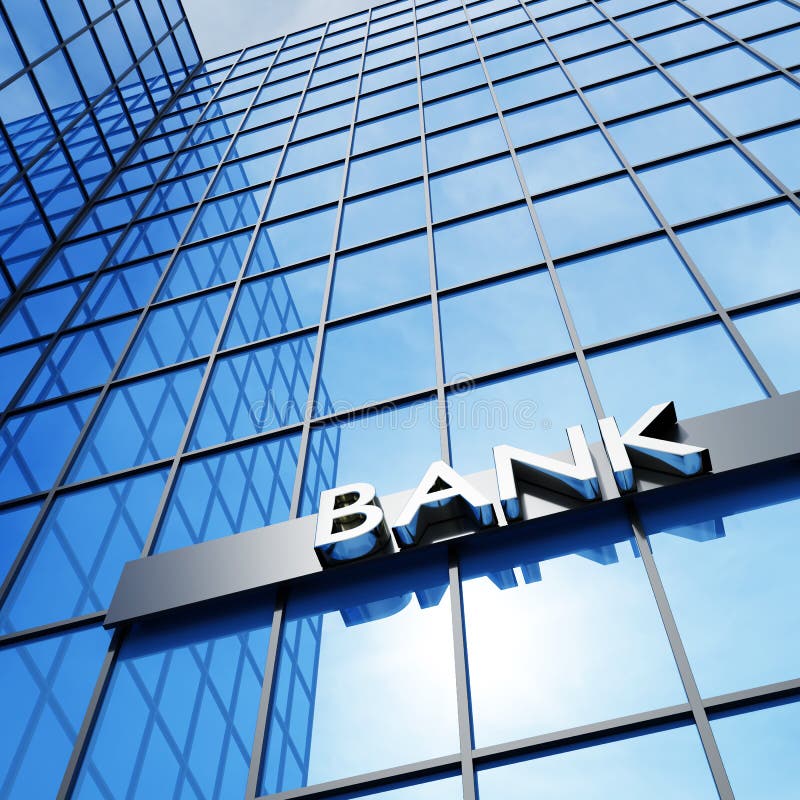 Bank Sign on a Modern Glass Building. 3D Render . Stock Illustration ...