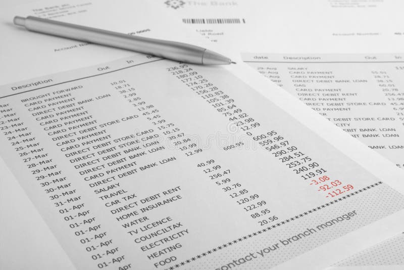 Bank Statements Showing Account in Debt Stock Image - Image of ...