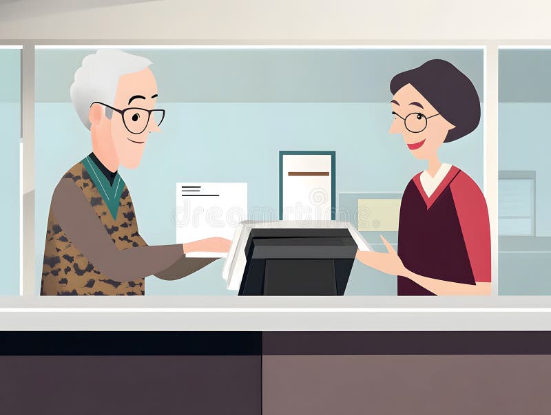Bank Teller Assisting Elderly Customer with Transaction, Clear Plastic ...