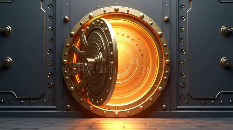 Bank Vault Door Opened with Golden Glow Inside Stock Illustration ...