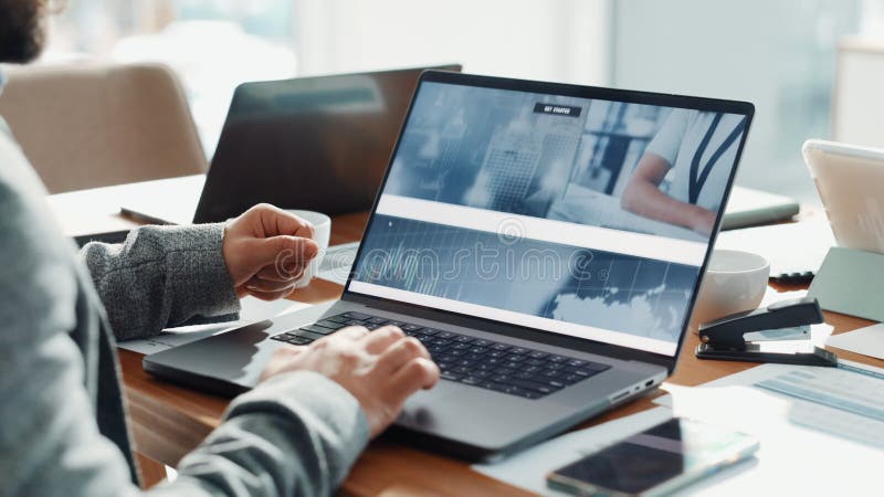 Banker, Hands and Screen of Laptop in Office for Online Platform ...