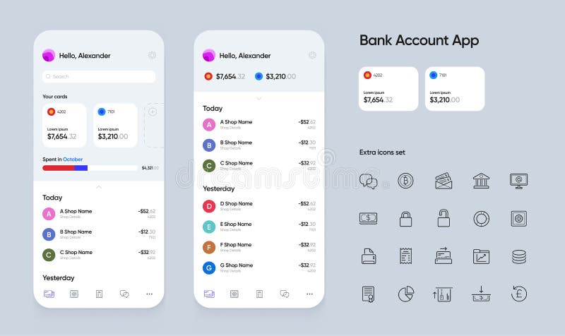 Banking App User Interface UI for Smartphones with Extra Set of Icons ...