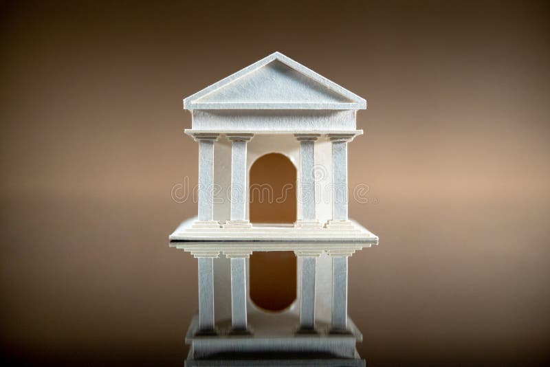 Banking Concept. Paper Bank Building Model Reflected on Table Stock ...