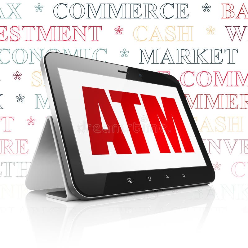 Banking Concept: Tablet Computer with ATM on Display Stock Illustration ...