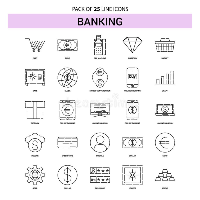 Banking Line Icon Set - 25 Dashed Outline Style Stock Vector ...