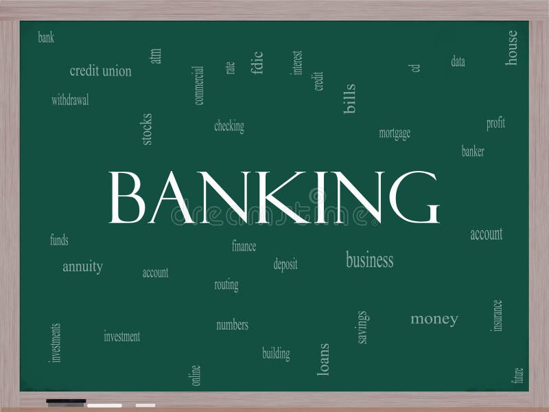 Banking Word Cloud Concept on a Blackboard Stock Illustration ...