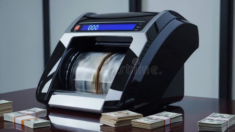 Banknote Counter Processing Us Dollar Bundles on Office Desk Stock ...