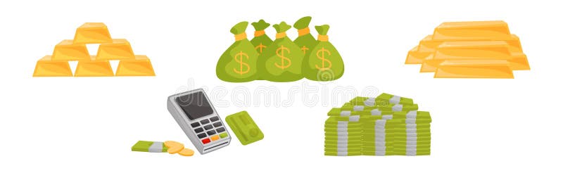 Banknote Stack, Gold Bar, Sacks with Dollar and Pos Terminal Vector Set ...