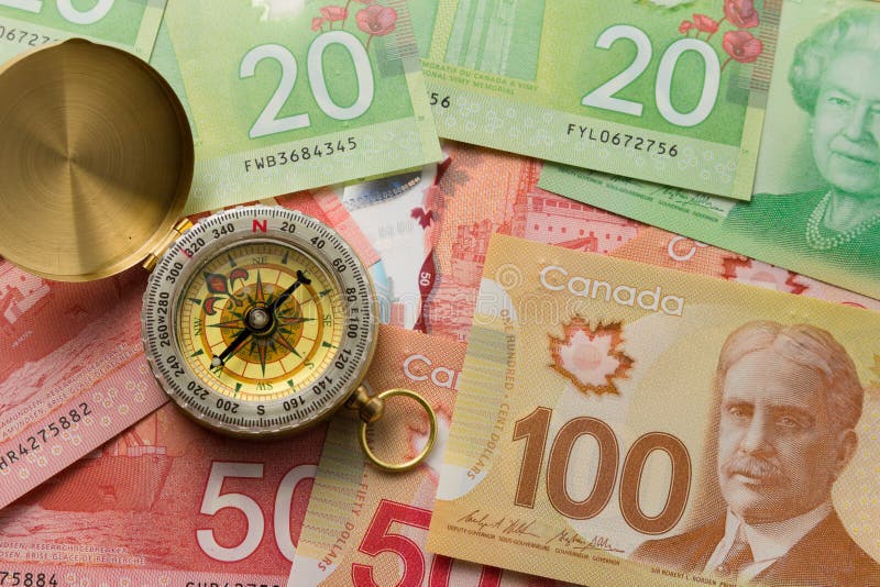 Banknotes of Canadian Currency: Dollar. Full Frame of Bills Spread on ...