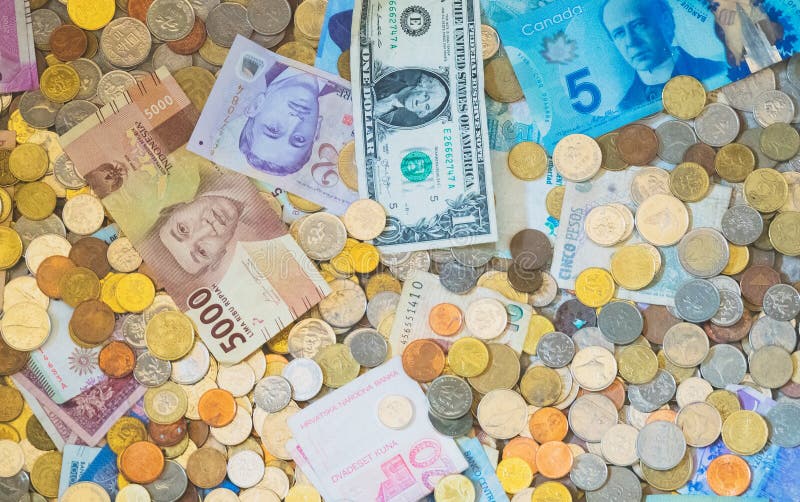 Banknotes and coins. stock image. Image of denominations - 126564257