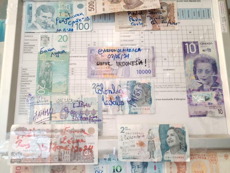 Banknotes of Different Countries on the Wall Editorial Stock Image ...