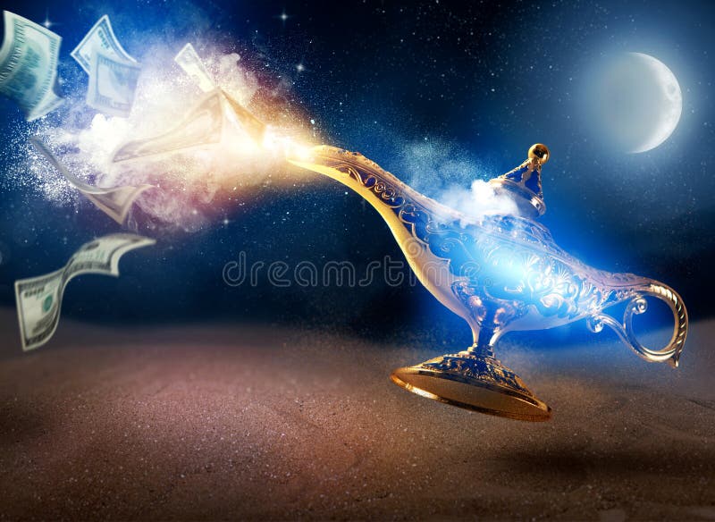 Banknotes Exists from Magic Aladdin Genie Lamp in a Desert Stock Image ...