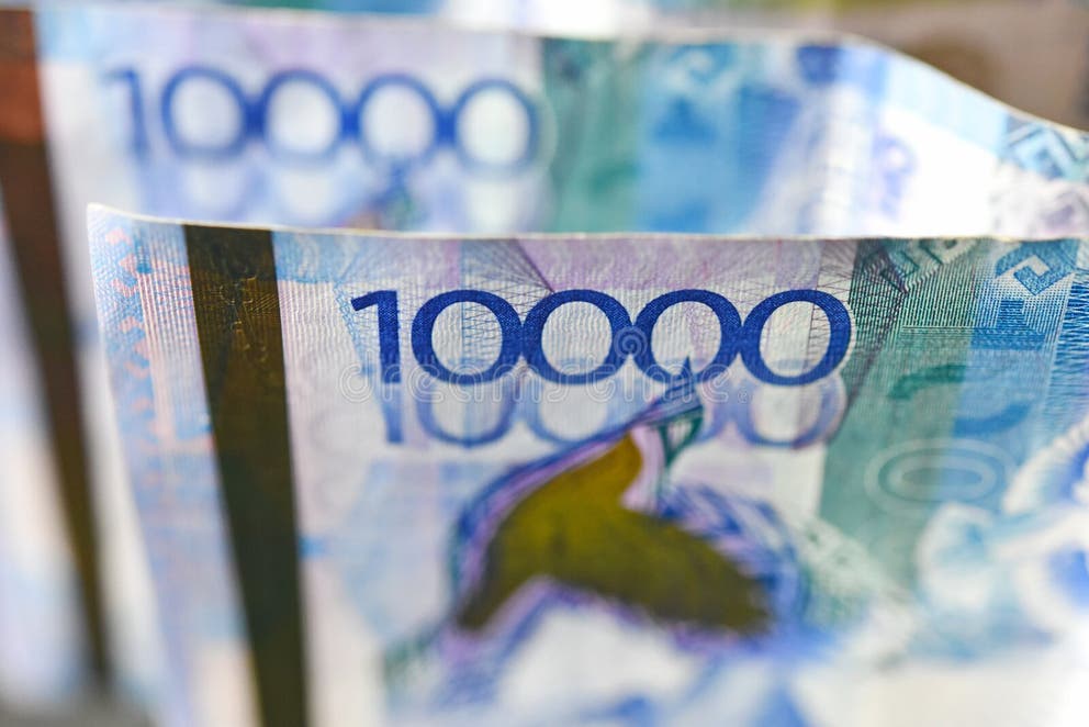 Banknotes with a Face Value of 10,000 Tenge are Stacked One after ...