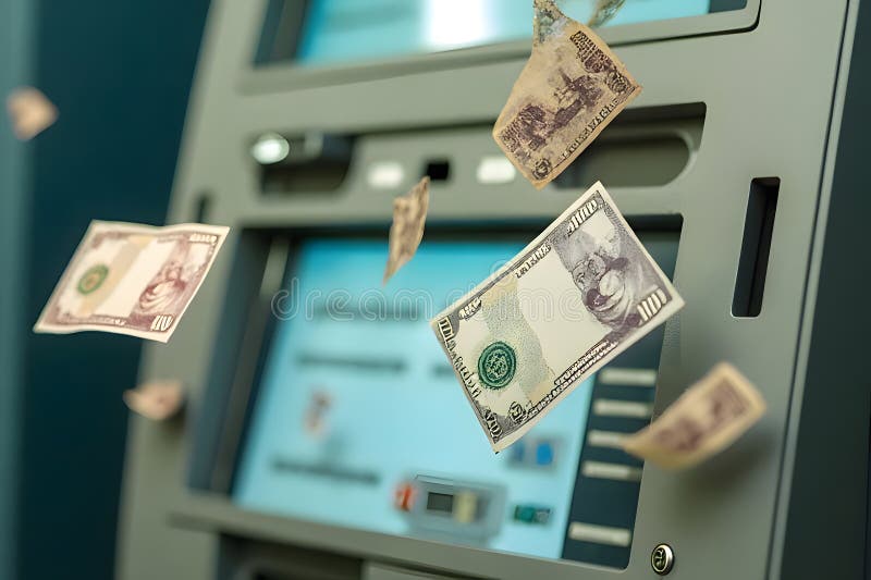 Banknotes, Many of Them, Fly Around the ATM Stock Illustration ...