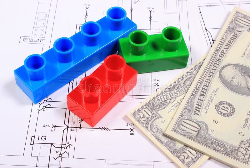 Banknotes and Plastic Building Blocks on Drawing of House Stock Image ...