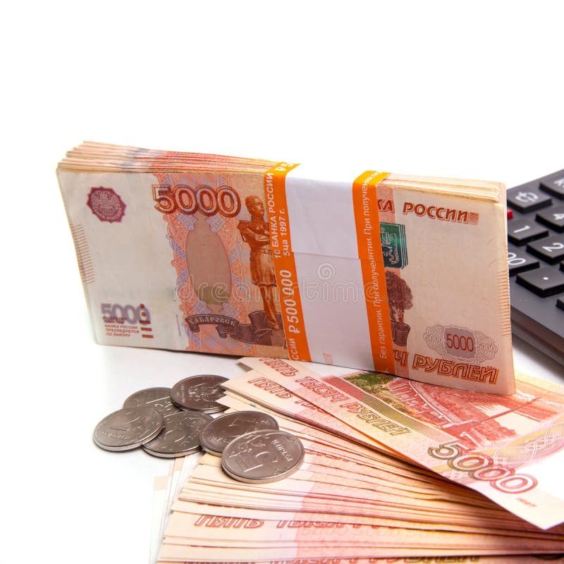 Banknotes, Russian Banknotes, Spread Out on a White Background with a ...