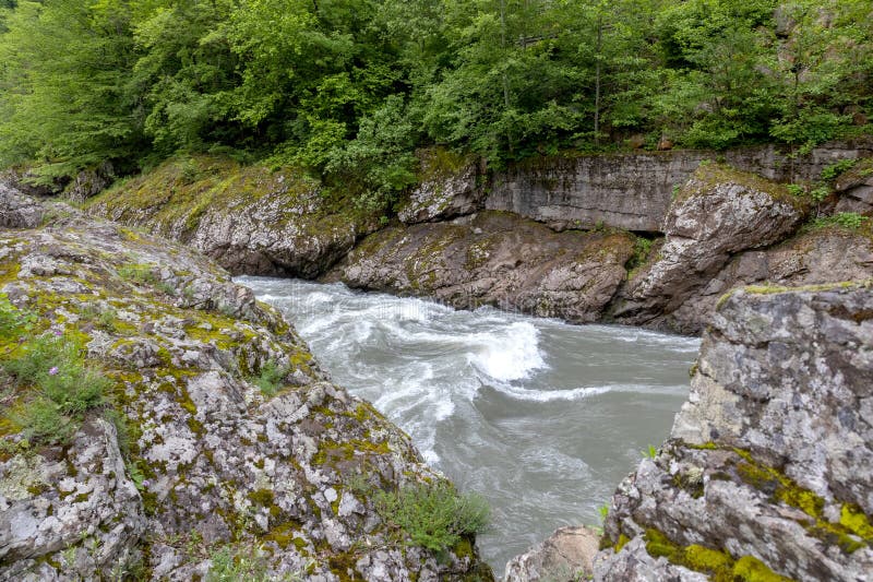 Waterfall and Canyon of a Mountain Stream, the Source of the Water ...