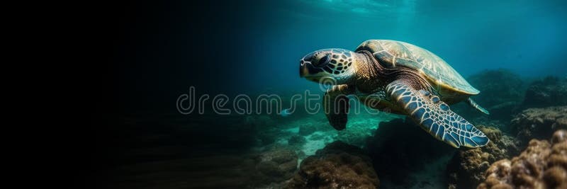 Banner with Big Turtle Diving in the Ocean, Generative AI Stock ...