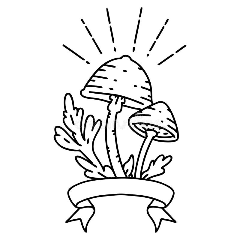 Banner with Black Line Work Tattoo Style Mushrooms Stock Vector ...