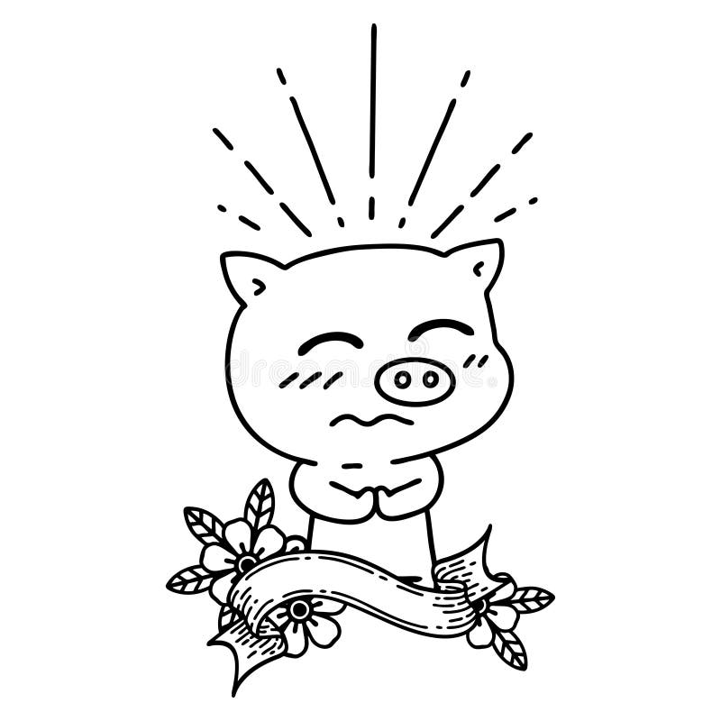 Banner with Black Line Work Tattoo Style Nervous Pig Character Stock ...